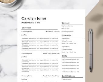 Digital Resume Template, Professional Resume, Fillable PDF, Instant ...