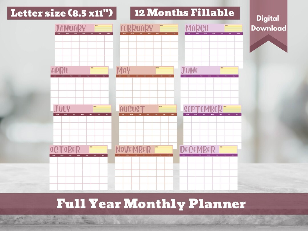 Digital Fillable 12 Months Planner, Daily Monthly Planner, Calendar ...