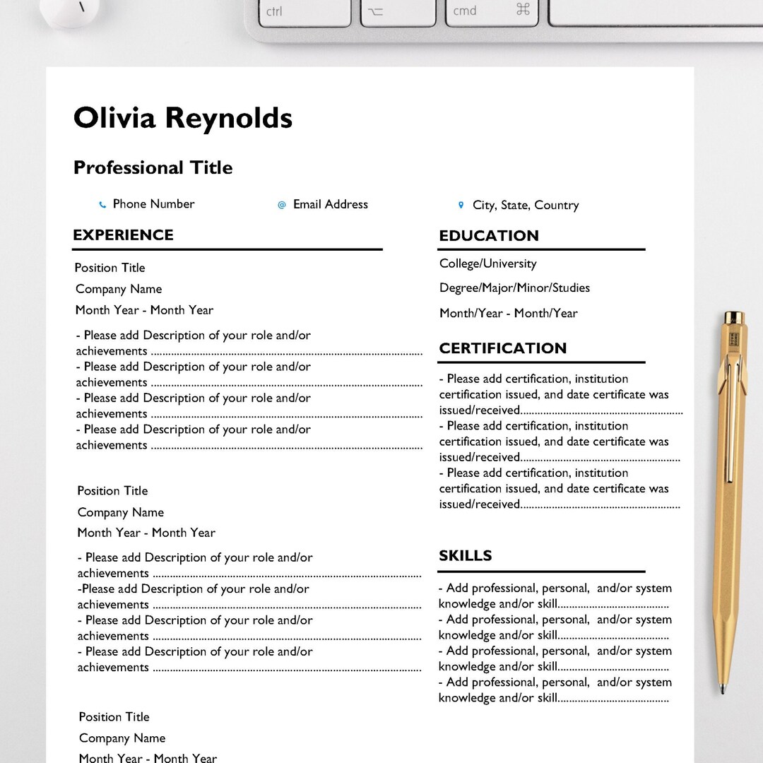 Digital Resume Template, Professional Resume, Fillable PDF, Instant ...