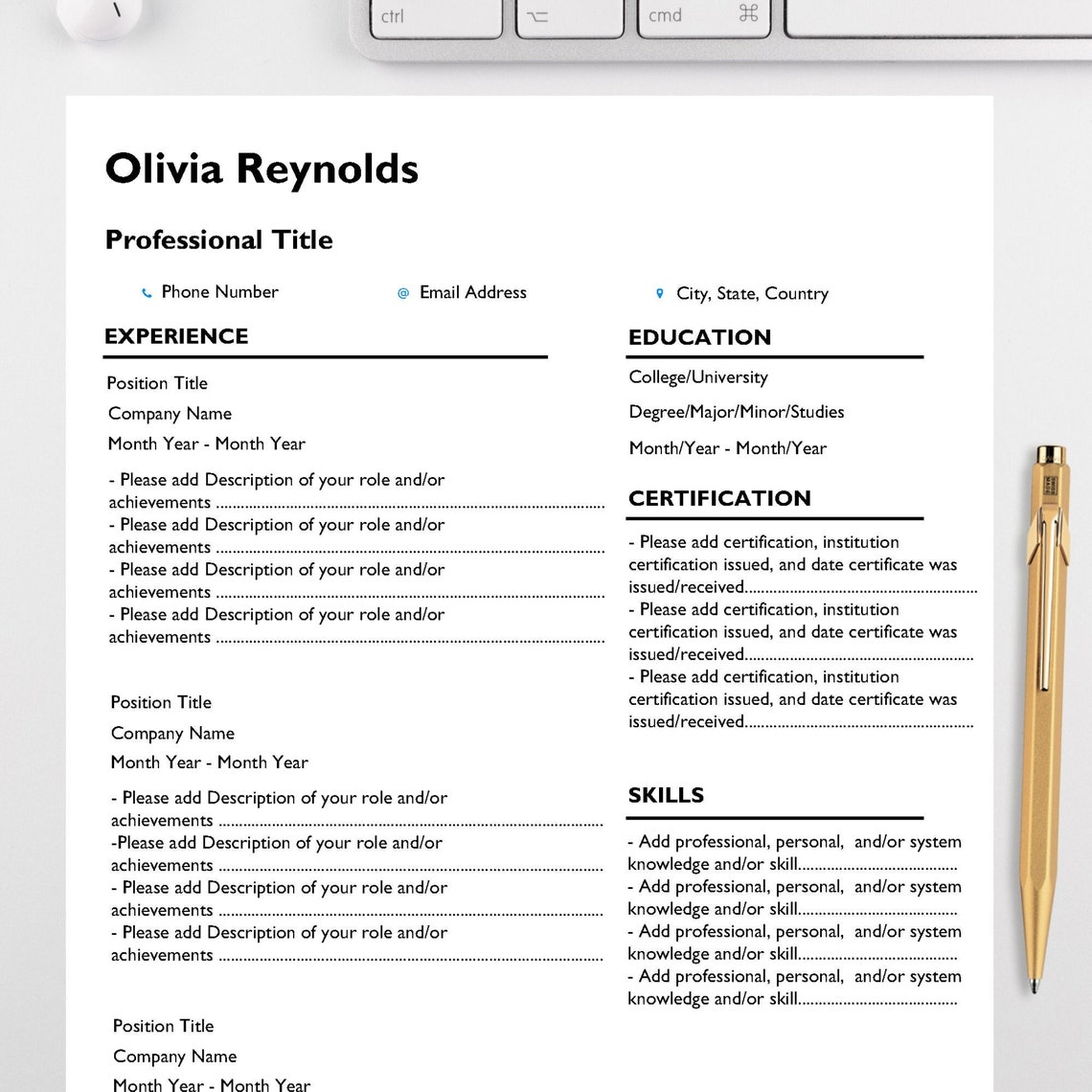 Digital Resume Template, Professional Resume, Fillable PDF, Instant ...