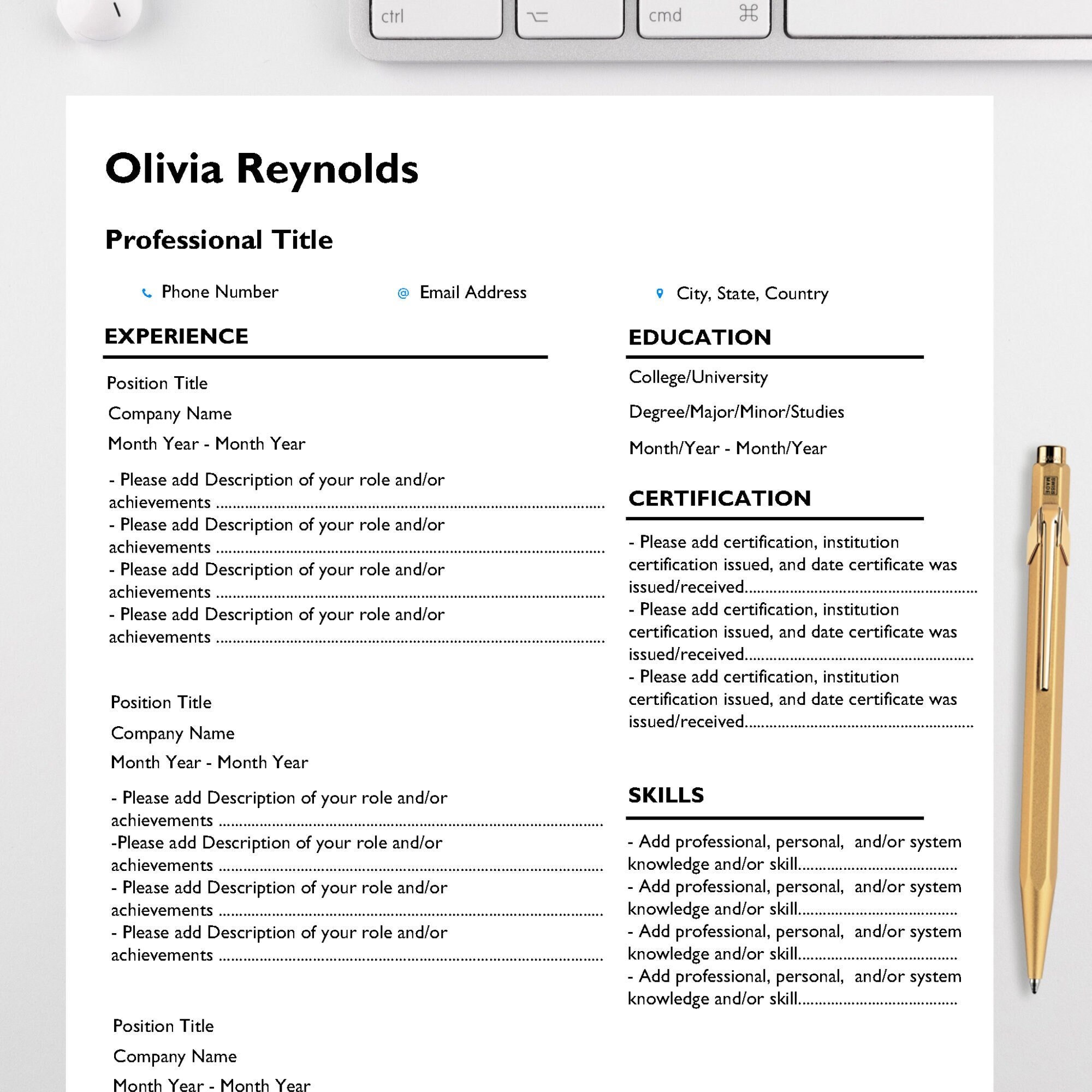 Digital Resume Template, Professional Resume, Fillable PDF, Instant ...