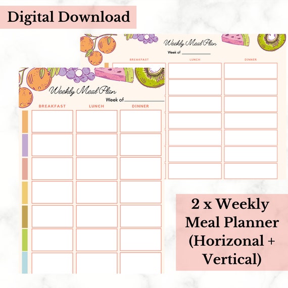 2 Weekly Digital Fillable Monday to Sunday Editable Meal Plan | Etsy