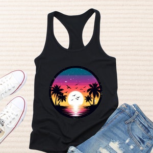 Retro Sunset Beach Tank Top, Colorful Summer Vacation Shirt for Women ...