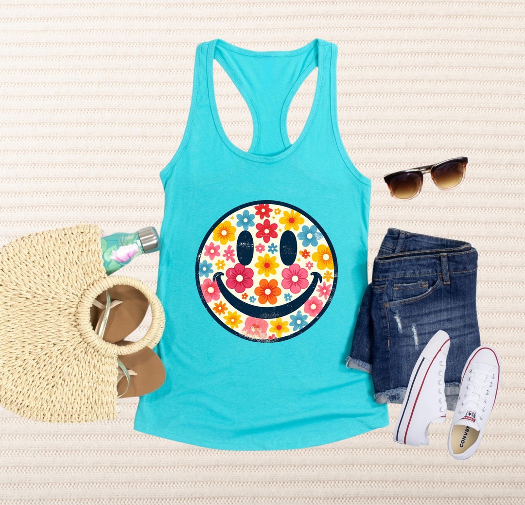 Smiley Face Tank Top, Cute Graphic Summer Shirt, Perfect for Festival ...