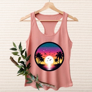 Retro Sunset Beach Tank Top, Colorful Summer Vacation Shirt for Women ...