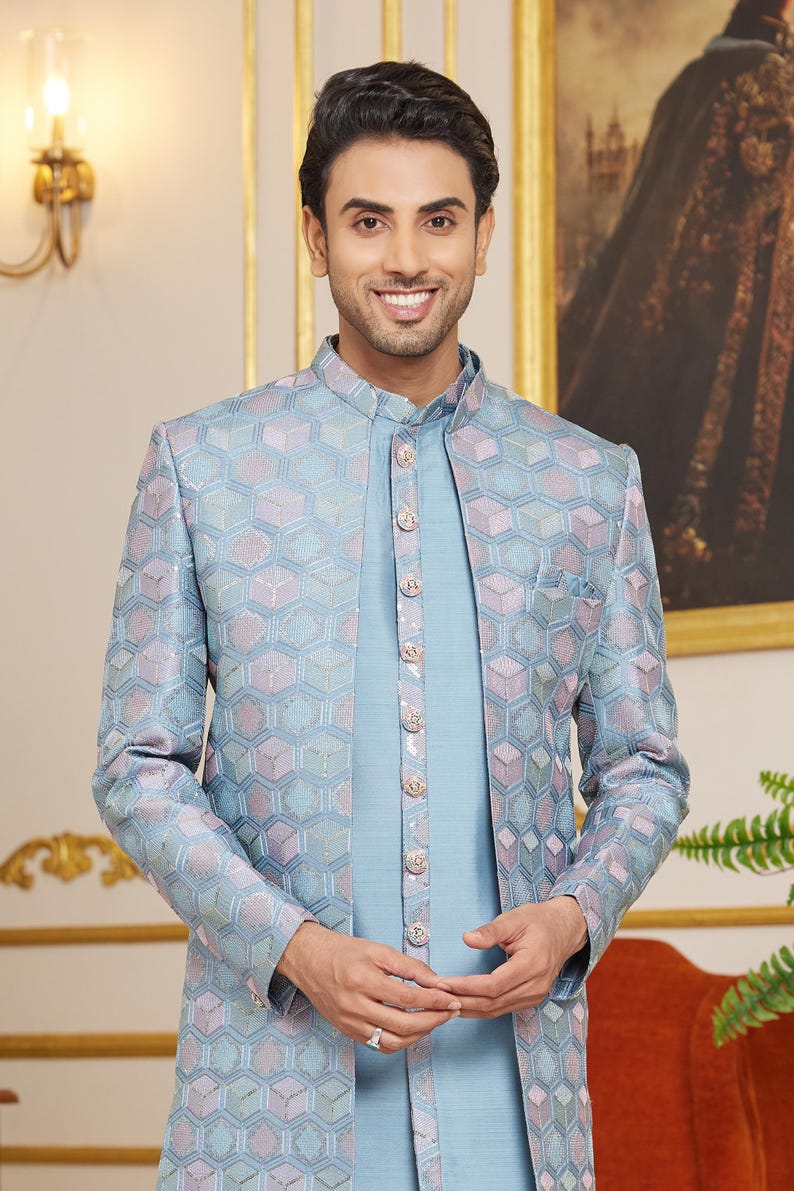Sky Blue Groom Indowestern Sherwani | Customized Pakistani Jacket for ...