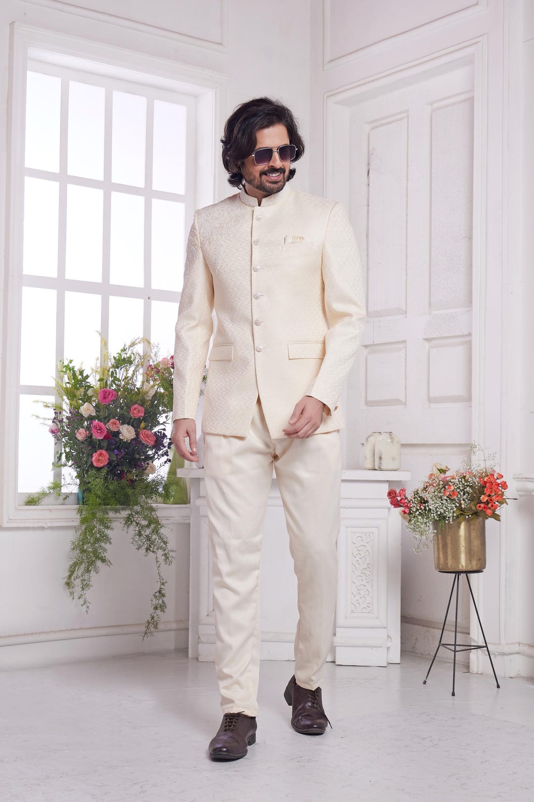 Cream Jodhpuri Suit: Men's Moti Floral Embroidered Wedding Attire - Etsy