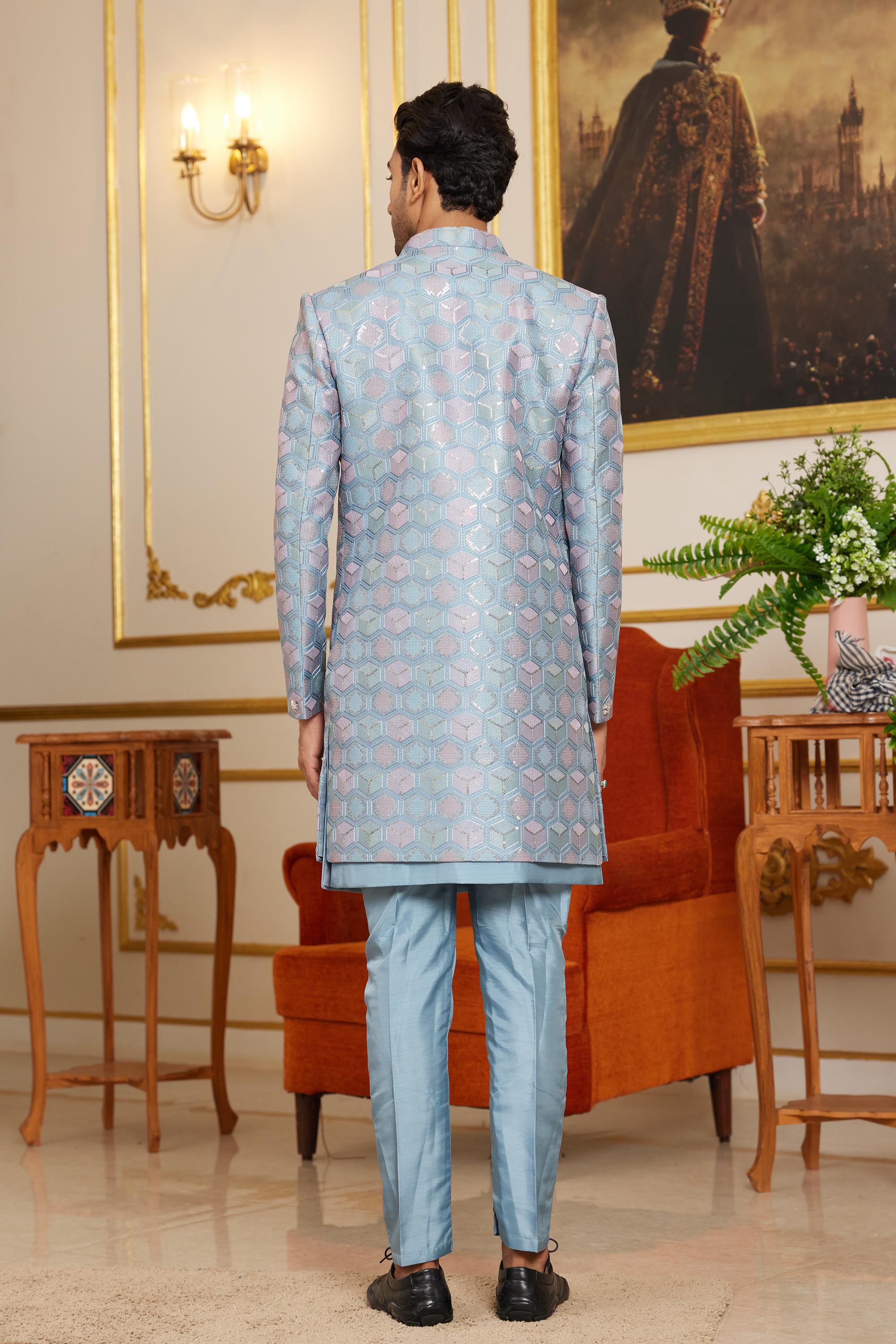 Sky Blue Groom Indowestern Sherwani | Customized Pakistani Jacket for ...