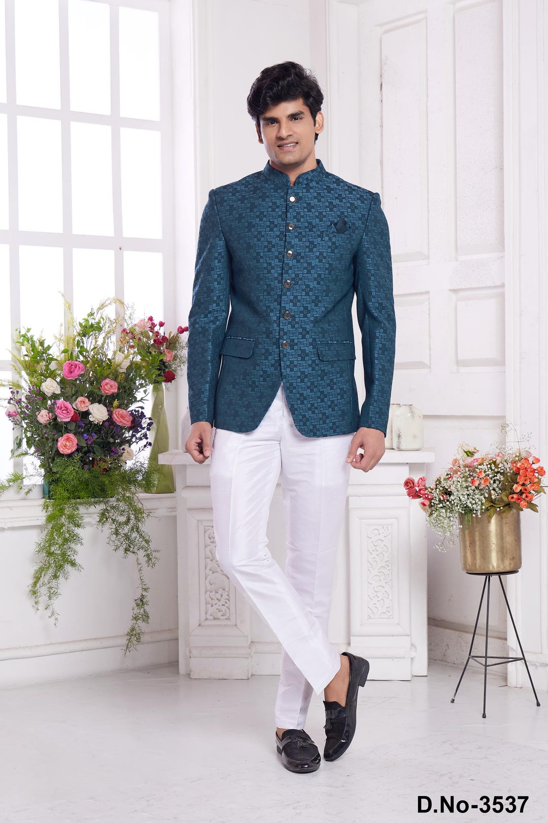 Teal Blue Jodhpuri Suit: Digital Print Indowestern Outfit - Etsy