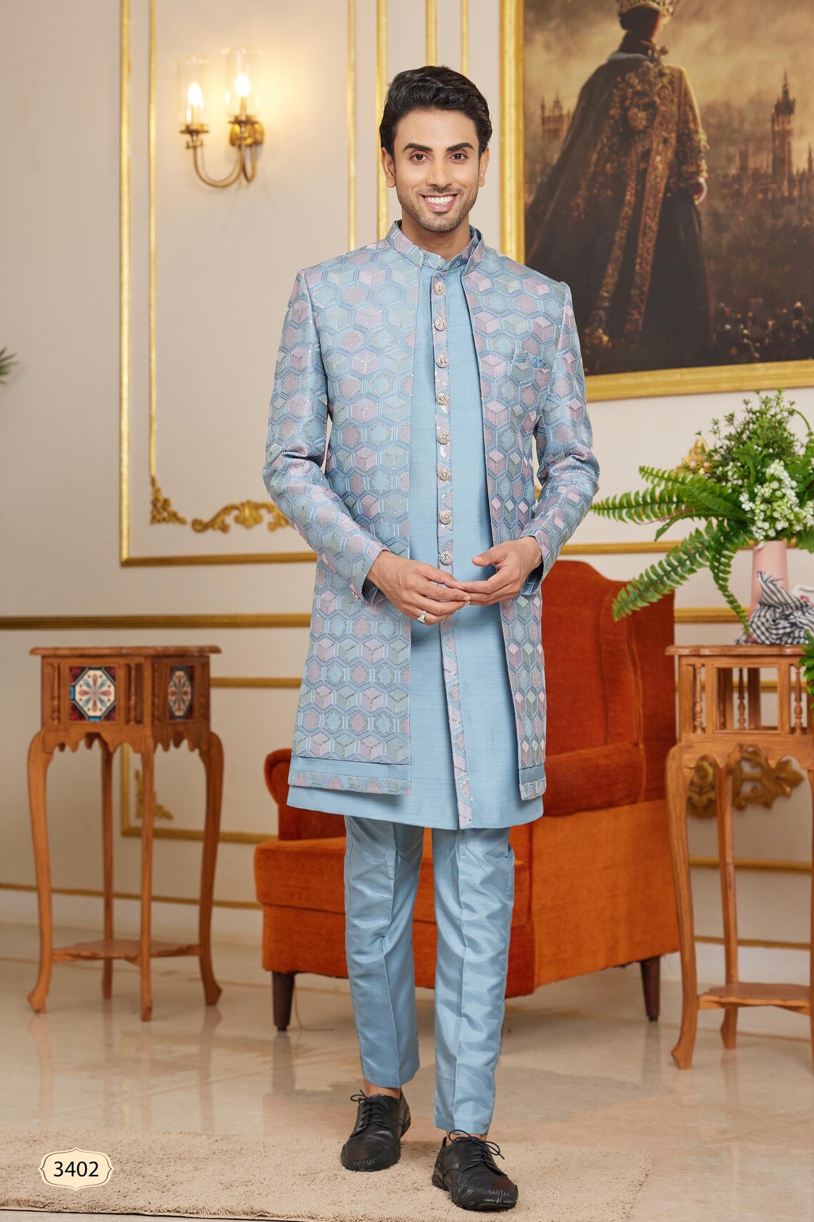 Sky Blue Groom Indowestern Sherwani | Customized Pakistani Jacket for ...