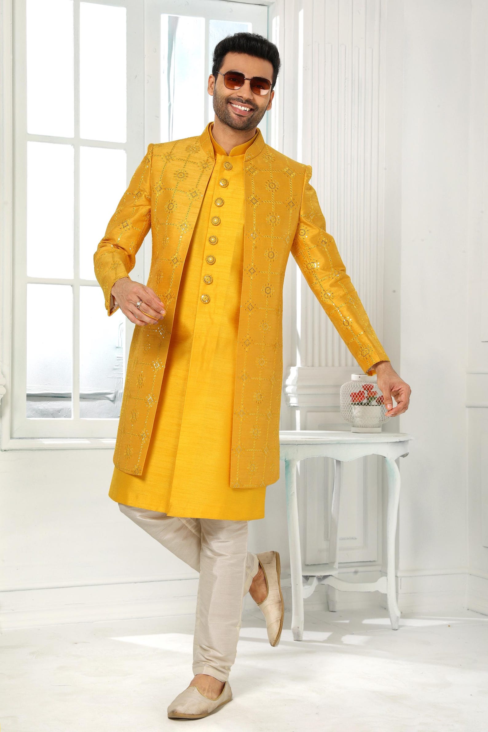 Yellow Silk Sherwani: Sequence Embroidery Indowestern Suit - Etsy