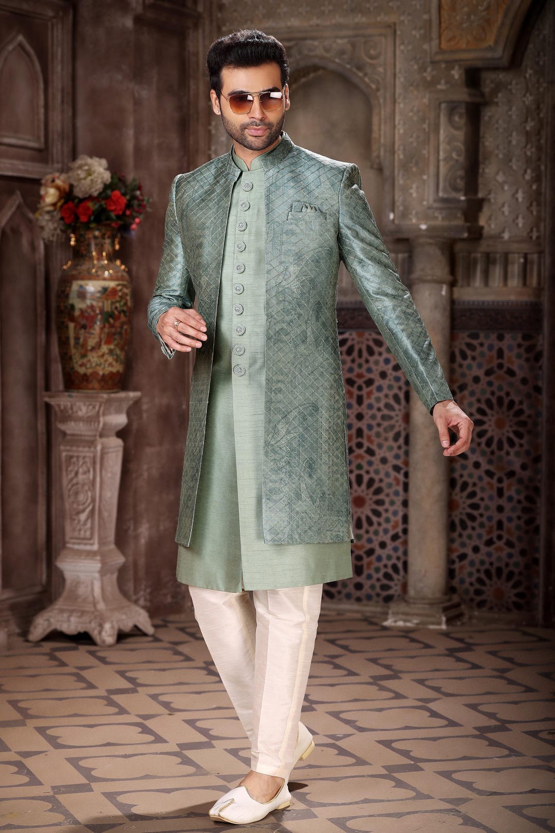 Floral Print Sherwani: Light Green Long Jacket, Designer Groomsmen Suit ...