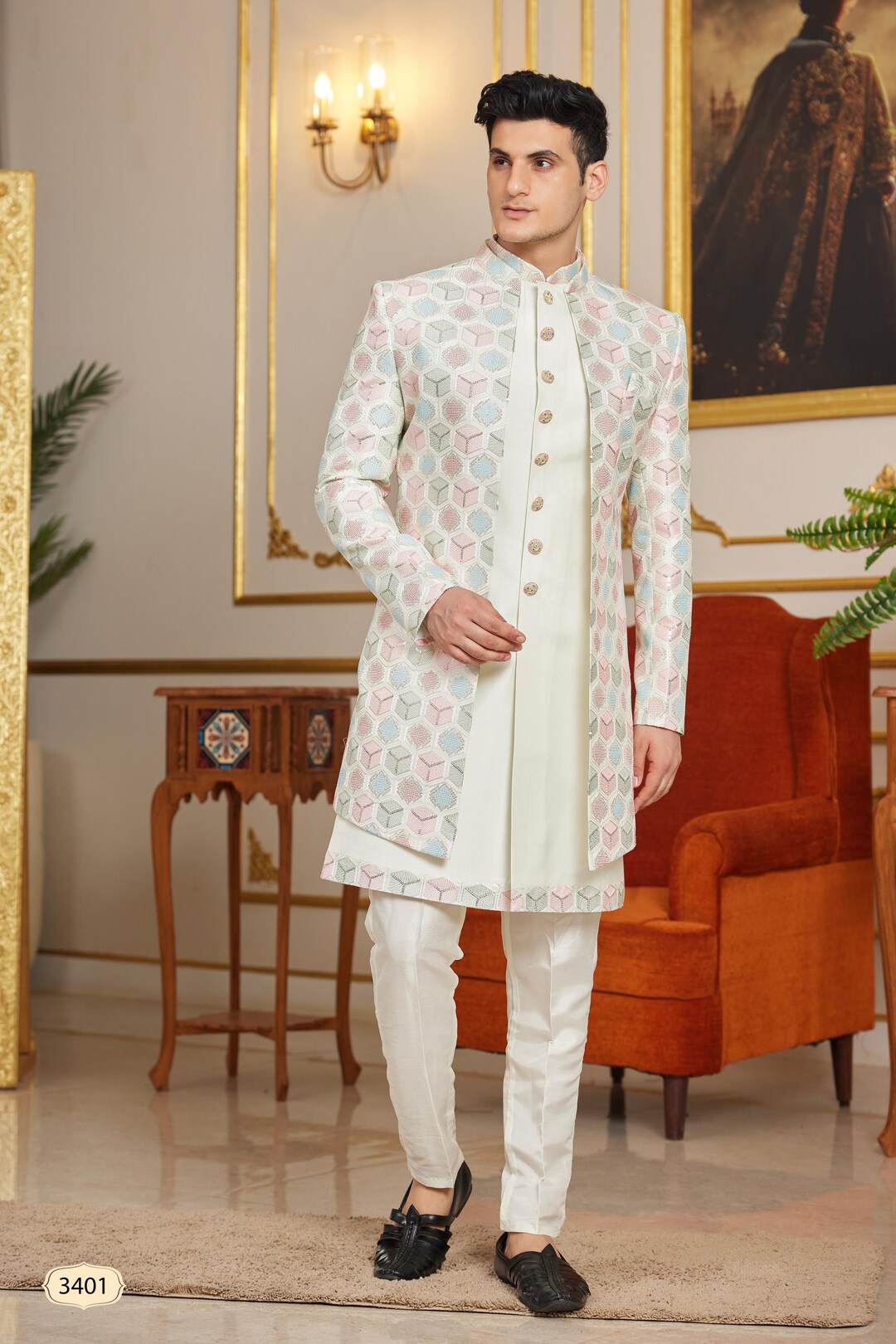 Cream Embroidered Open Jacket Sherwani: Indowestern Groom Wedding ...