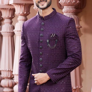 Purple Sequence Sherwani for Groomsmen, Embroidered Indo-western ...