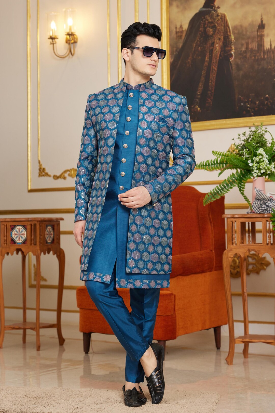 Blue Customized Jacket Groom Sherwani Party Wear Silk Indowestern ...