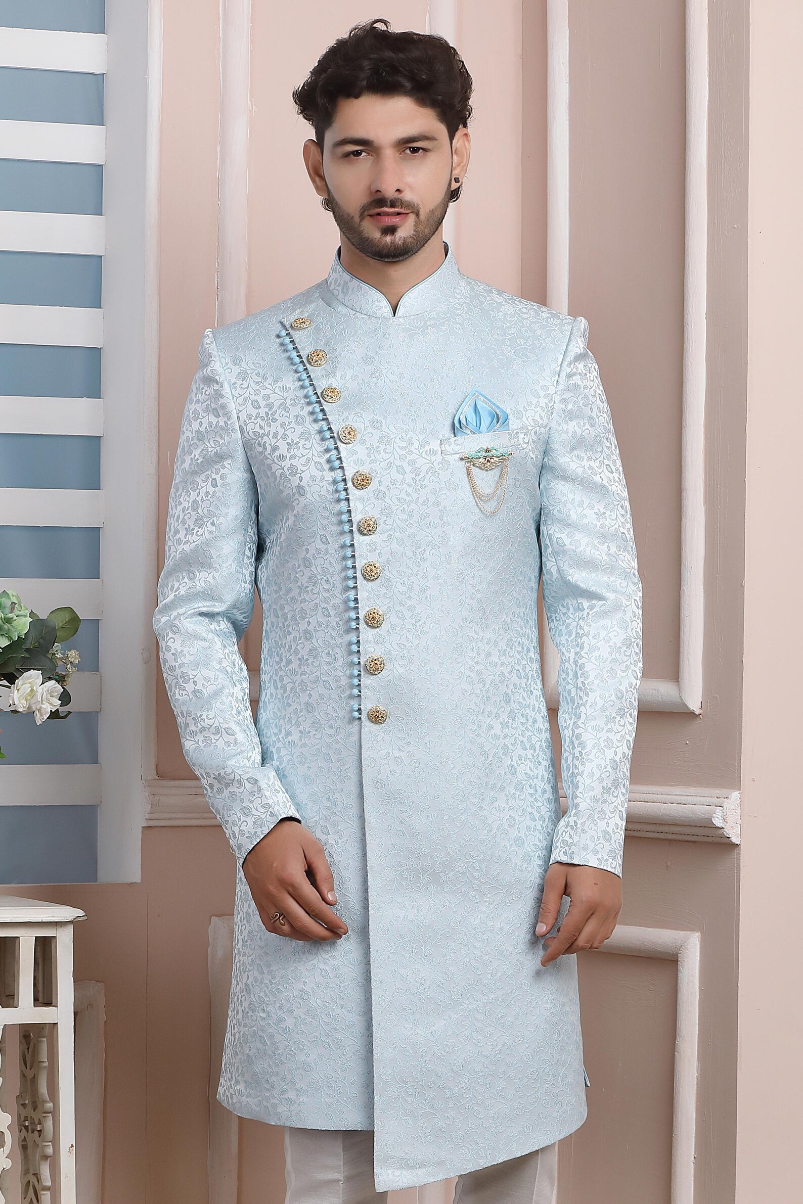 Premium Silk Customized Groom Sherwani Sky Blue Wedding Sherwani Beach ...