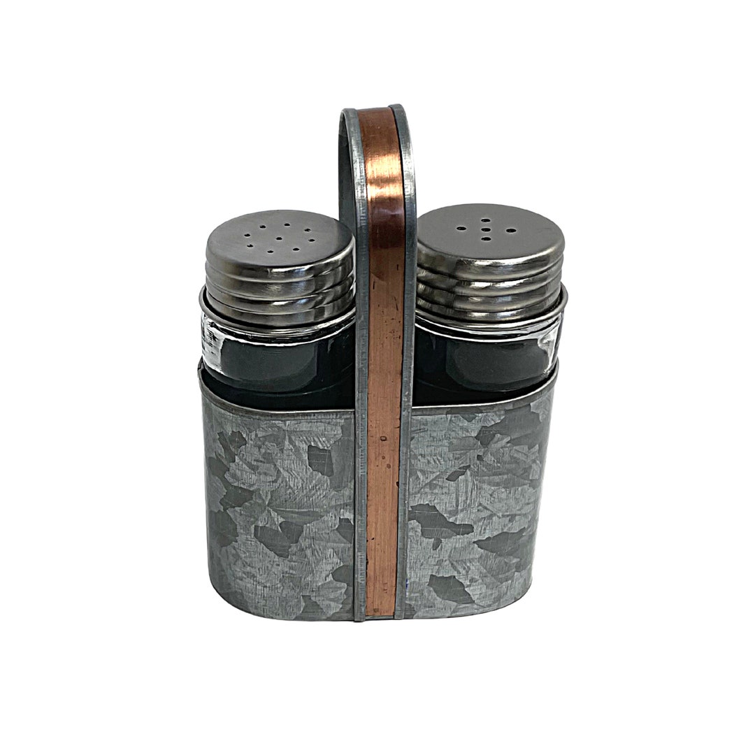 Farmhouse Salt and Pepper Shakers With Caddy, Galvanized Finish With ...