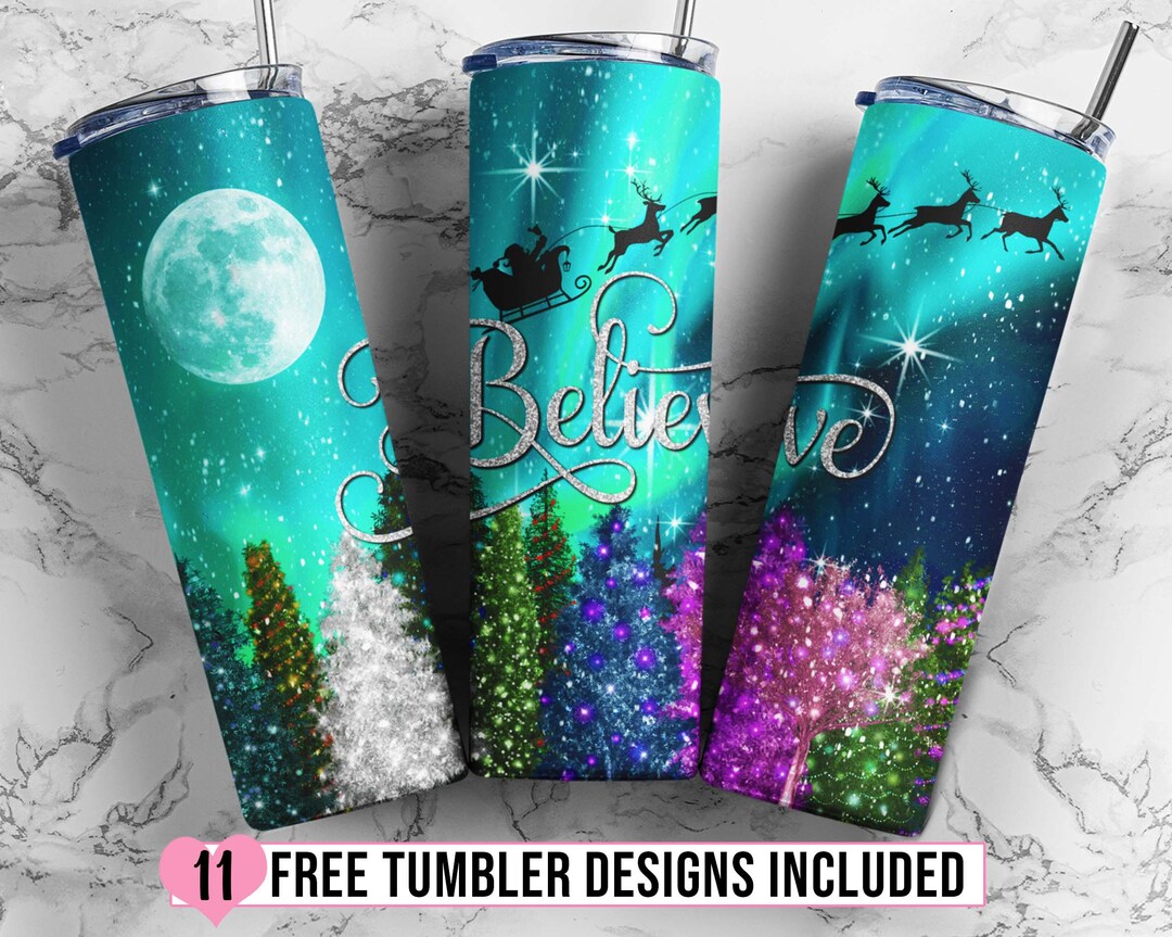 Santa 20oz Skinny Tumbler Design, Santa Sleigh Northern Lights Tumbler ...