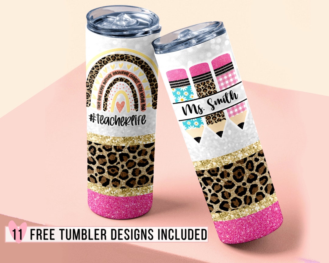 20 Oz Skinny Tumbler Rainbow Leopard Glitter Teacher Tumbler Pencil ...