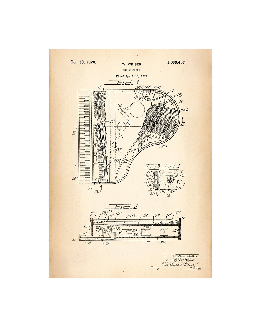 Decoration Poster.antique Invention Patent.1927 Grand Piano.room Home ...