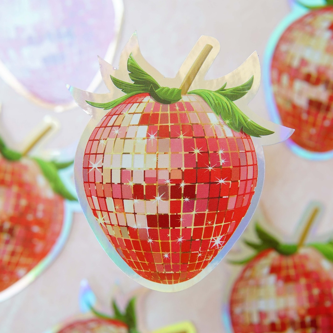Strawberry Disco Ball Sticker | Holographic Laptop Disco Ball Stickers ...