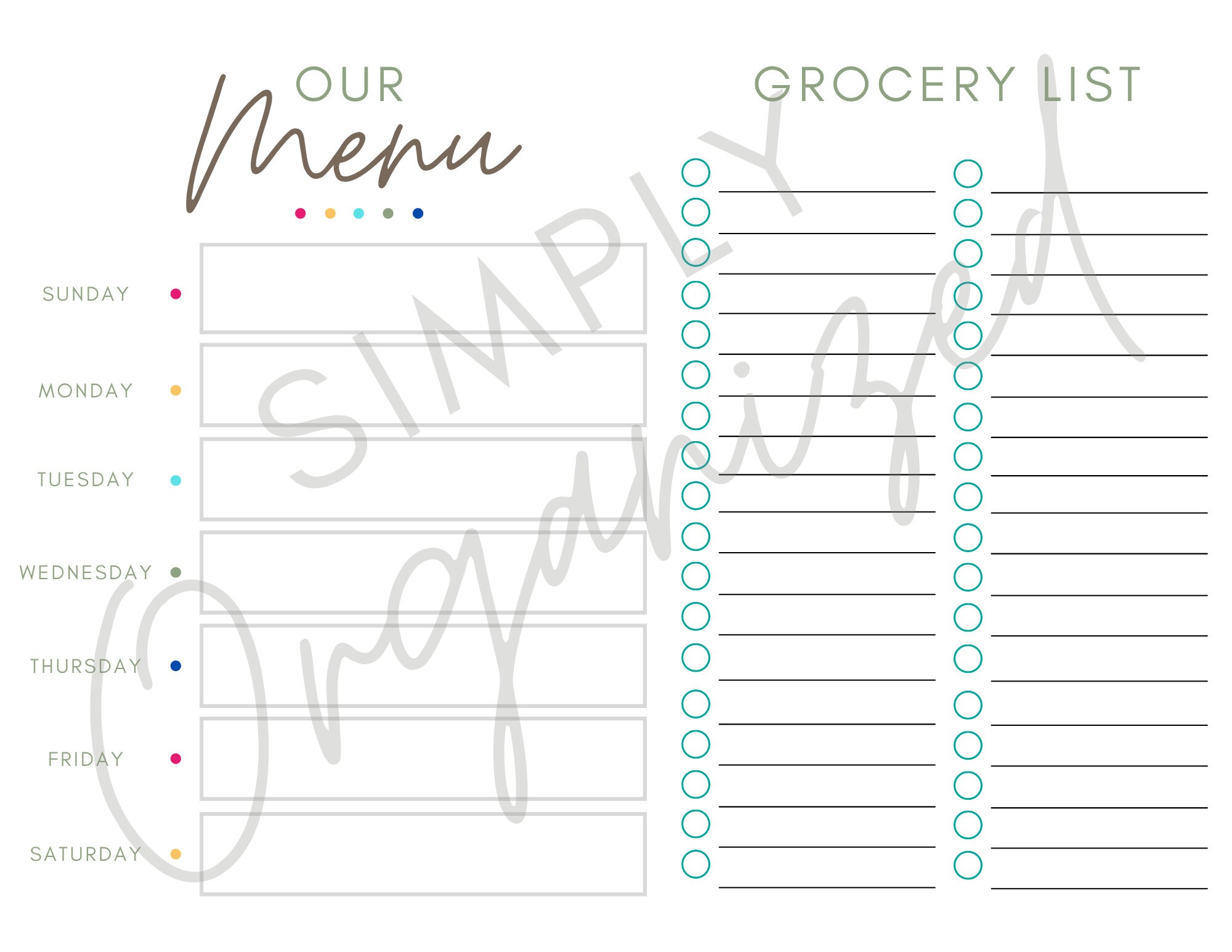 Menu Printable PDF, Weekly Menu, Digital Download Menu, Grocery List - Etsy