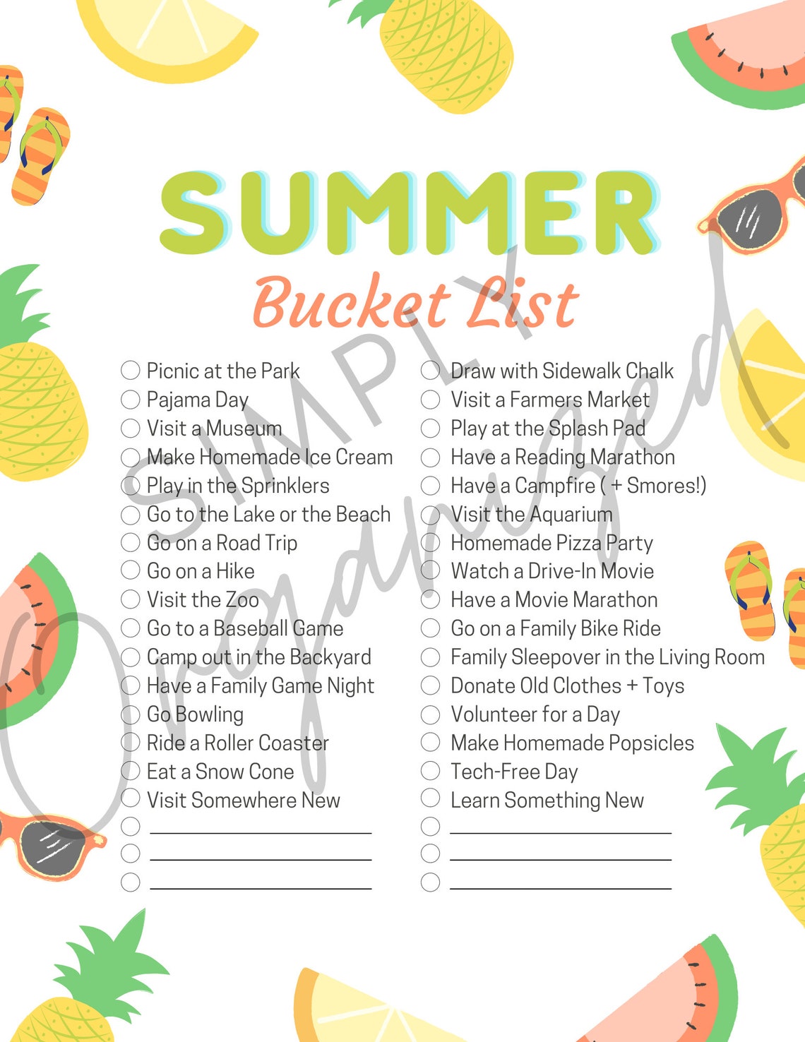Summer Bucket List, Printable PDF, Bucket List, Summer, Goals, Plan ...