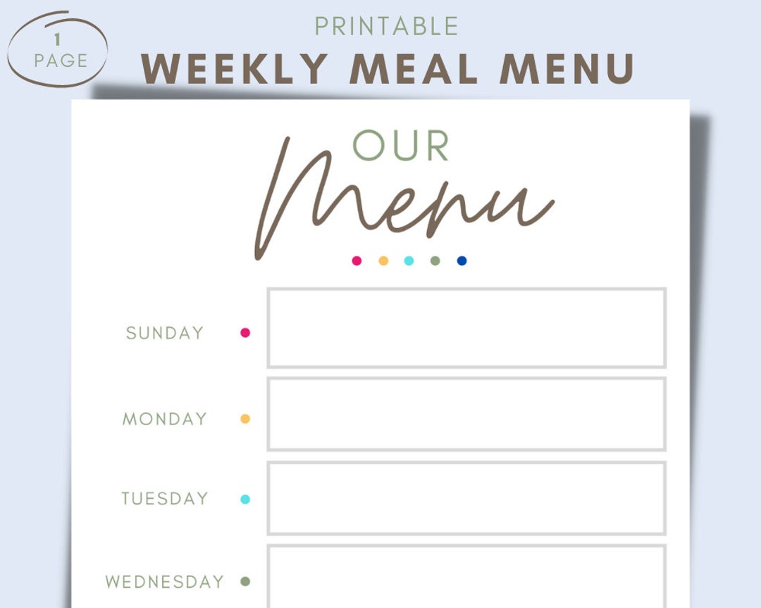 Menu Printable PDF, Weekly Menu, Digital Download Menu - Etsy