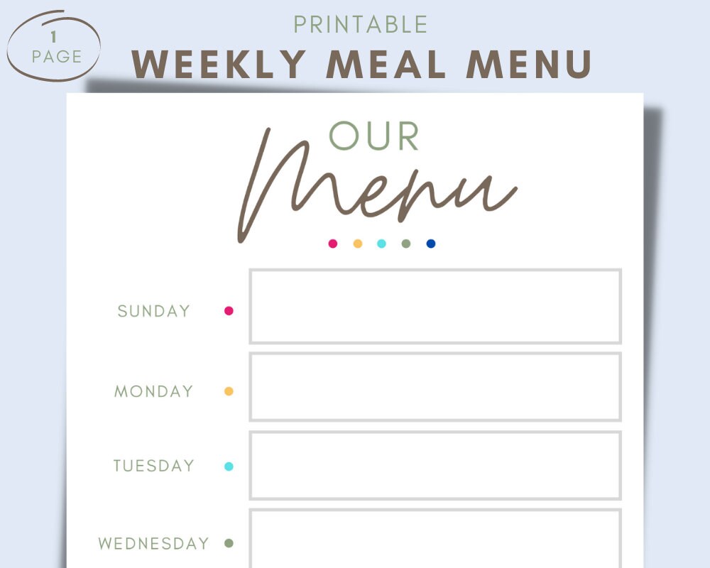 Menu Printable PDF, Weekly Menu, Digital Download Menu - Etsy