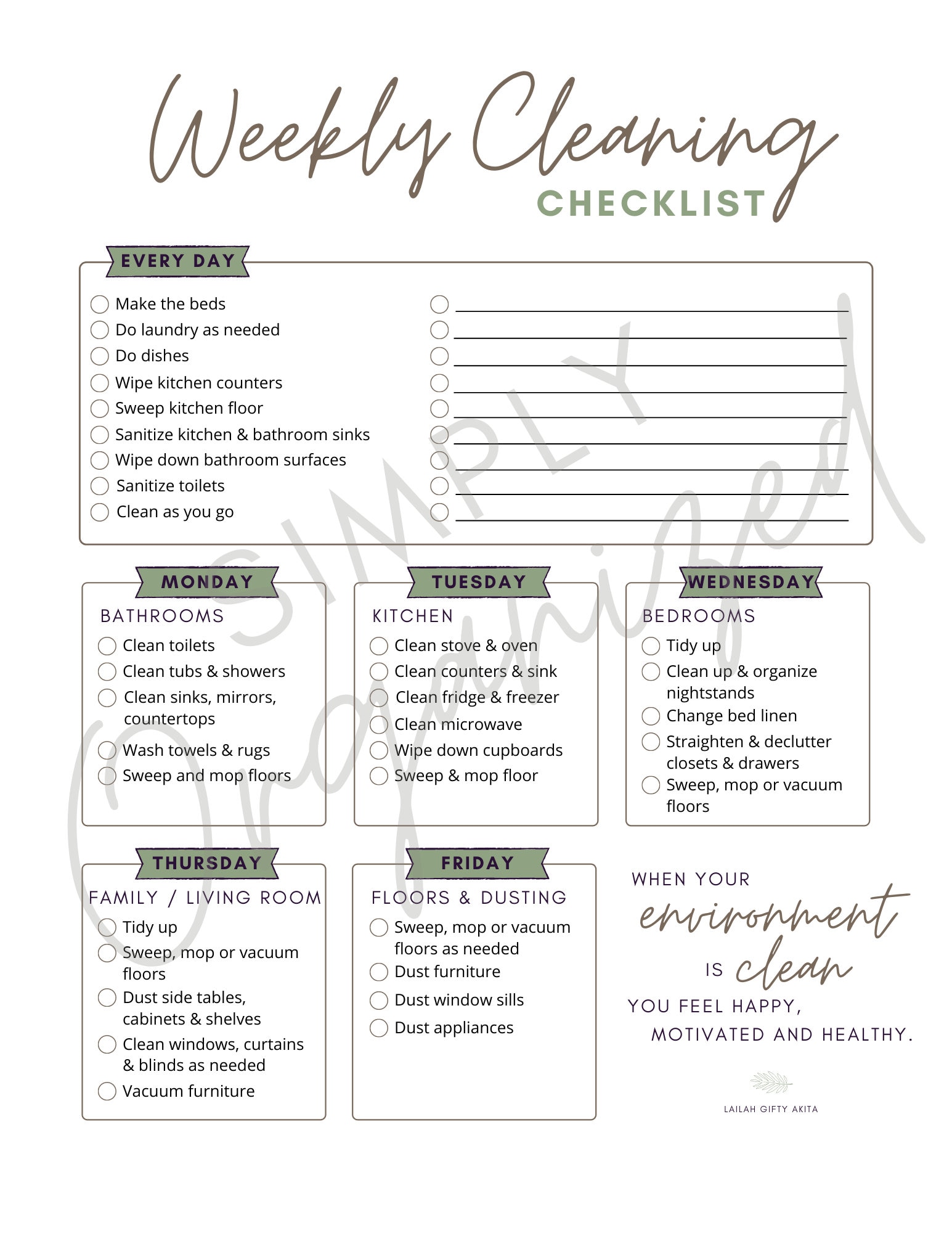 Weekly Cleaning Checklist, PDF Printable, Instant Download, Cleaning ...