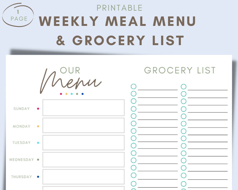 Menu Printable PDF, Weekly Menu, Digital Download Menu, Grocery List - Etsy
