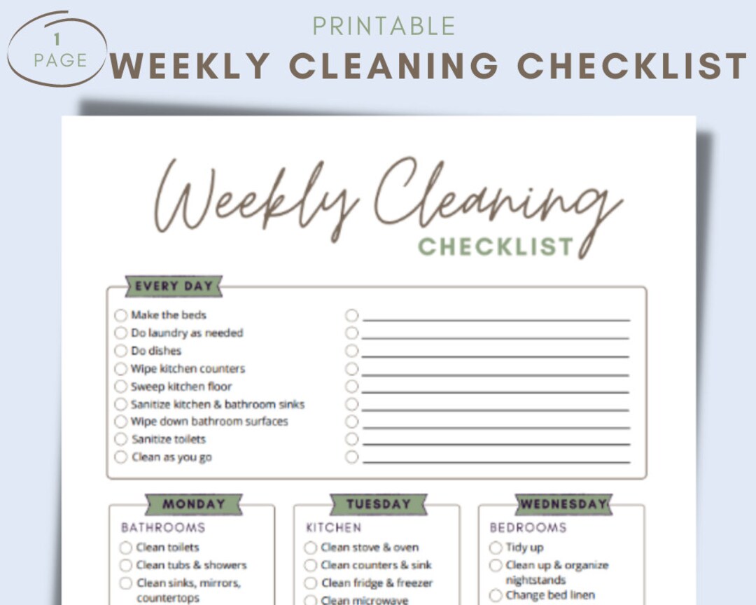 Weekly Cleaning Checklist, PDF Printable, Instant Download, Cleaning ...