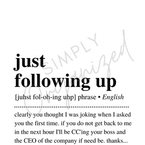 Just Following Up, Printable PDF, Digital Art, Organization, Wall Art ...