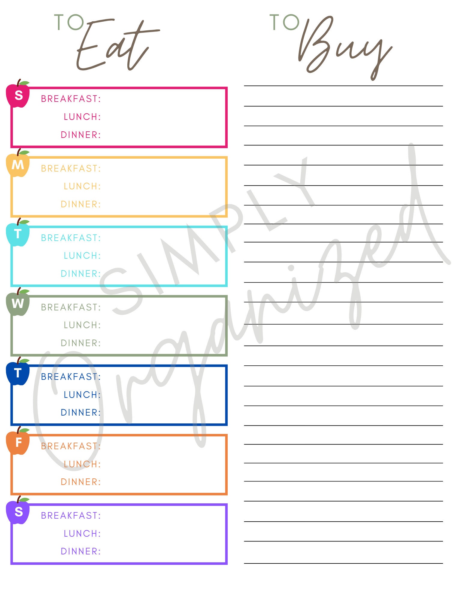 Menu Printable PDF, Weekly Menu, Digital Download Menu, Grocery List ...