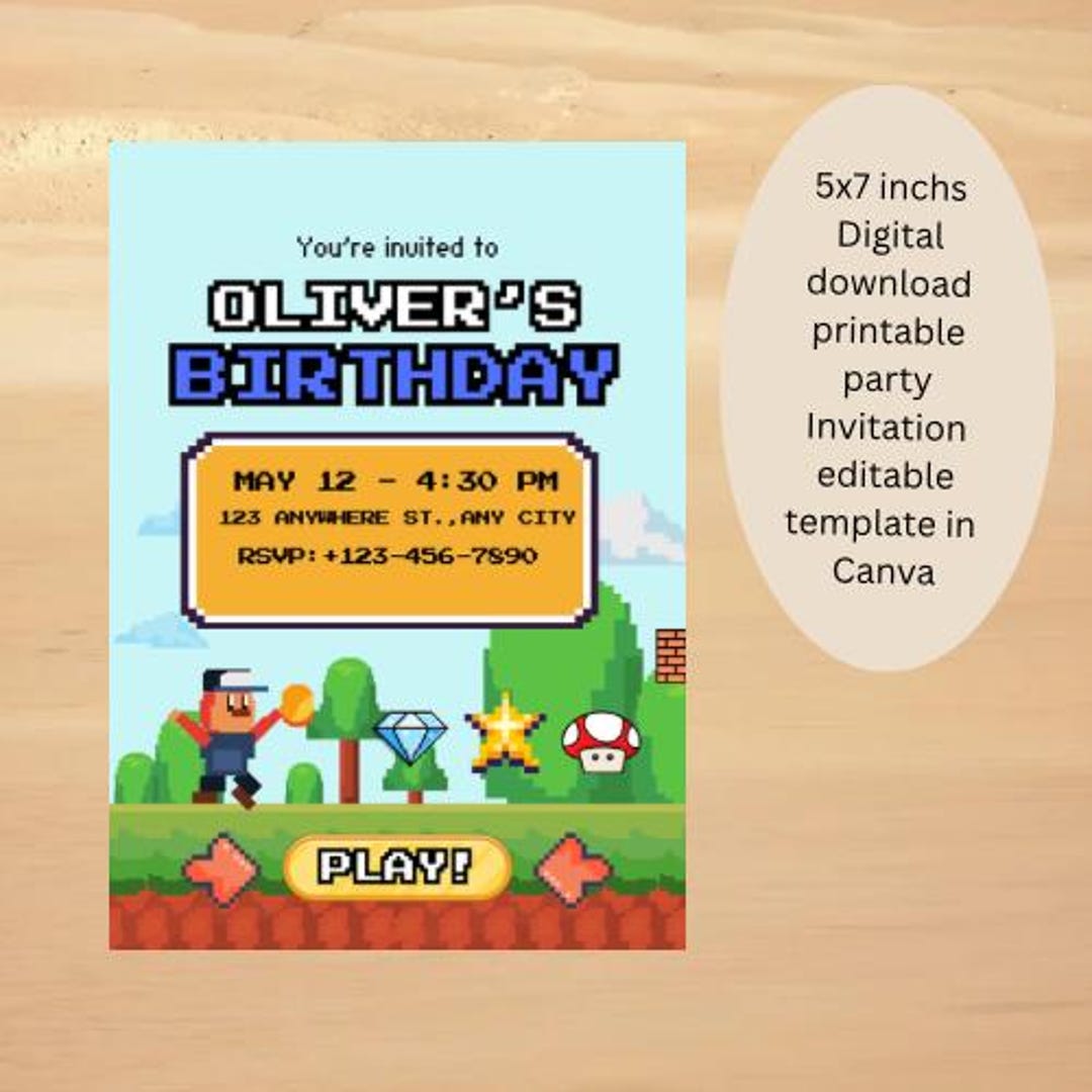 Pixel Game Birthday Invitation Template | Editable Canva Design ...