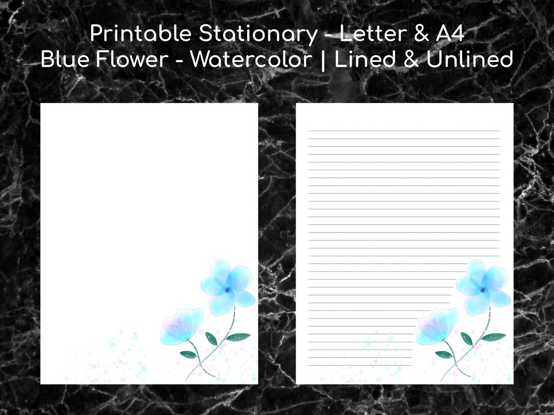 Blue Flower Watercolor Printable Stationary Paper, Letter A4, Lined ...