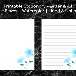 Blue Flower Watercolor Printable Stationary Paper, Letter A4, Lined ...