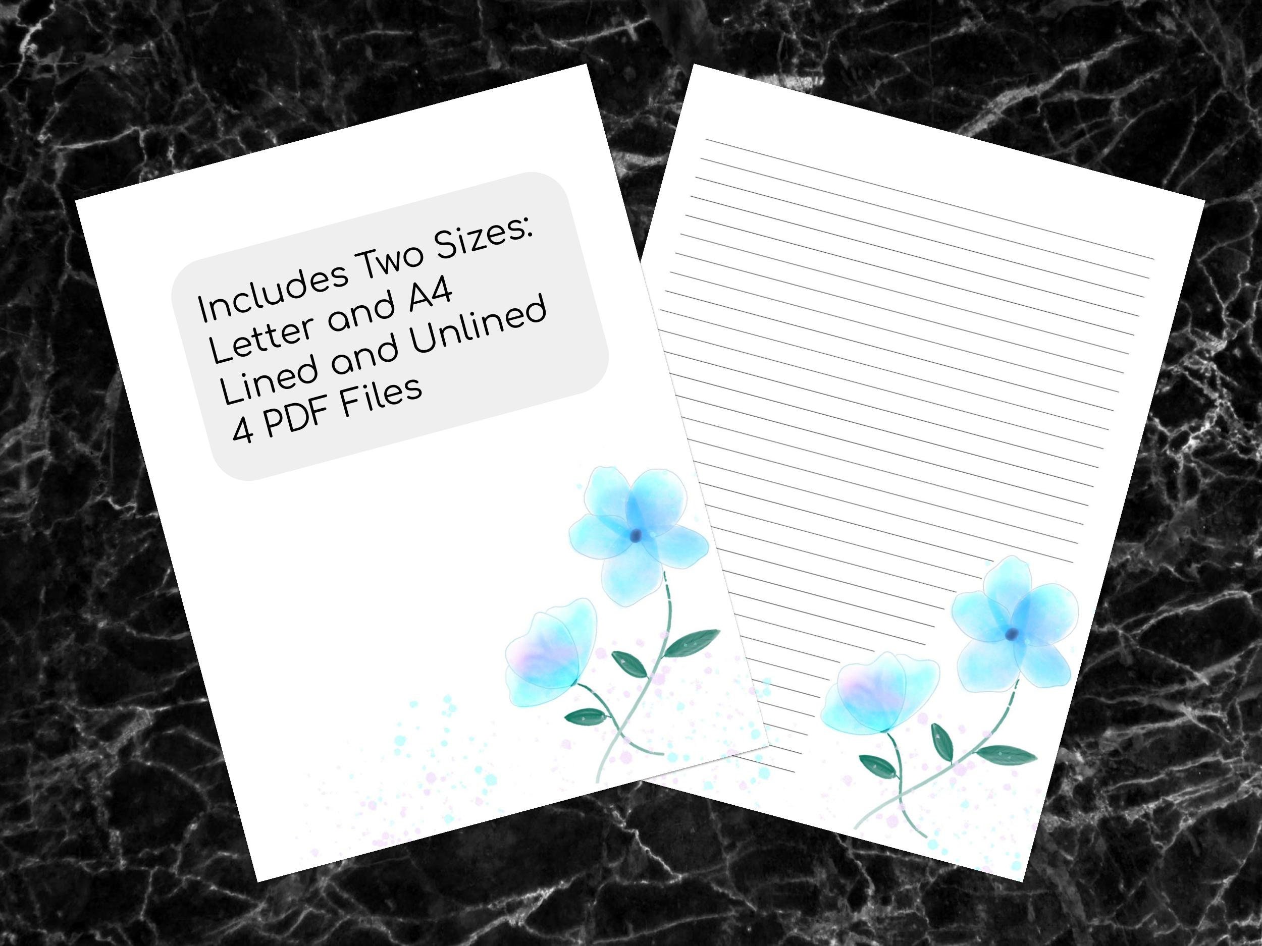 Blue Flower Watercolor Printable Stationary Paper, Letter A4, Lined ...