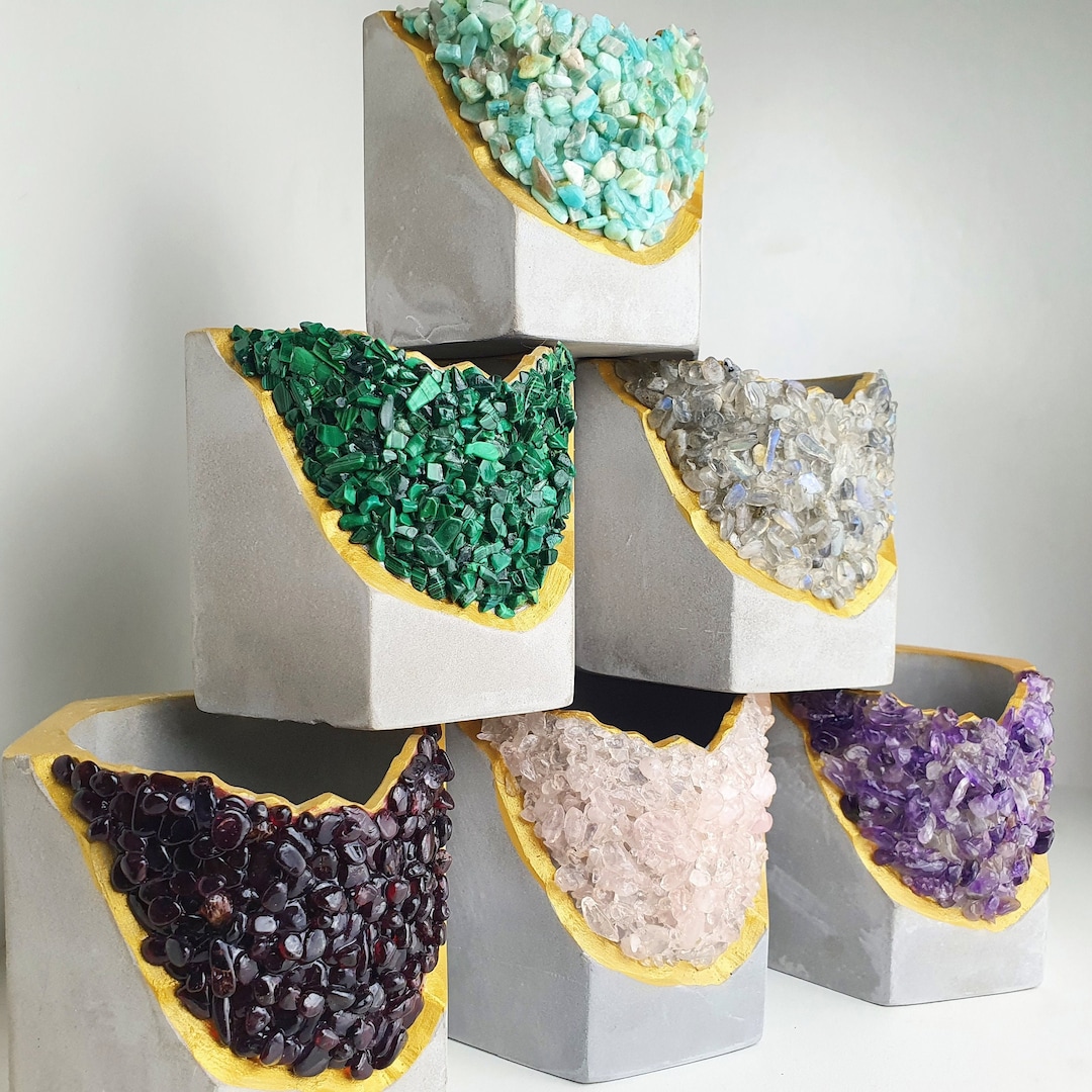 4x Crystal Geode Plant Pot: Stone Inlay Concrete Planter (10cm) - Etsy