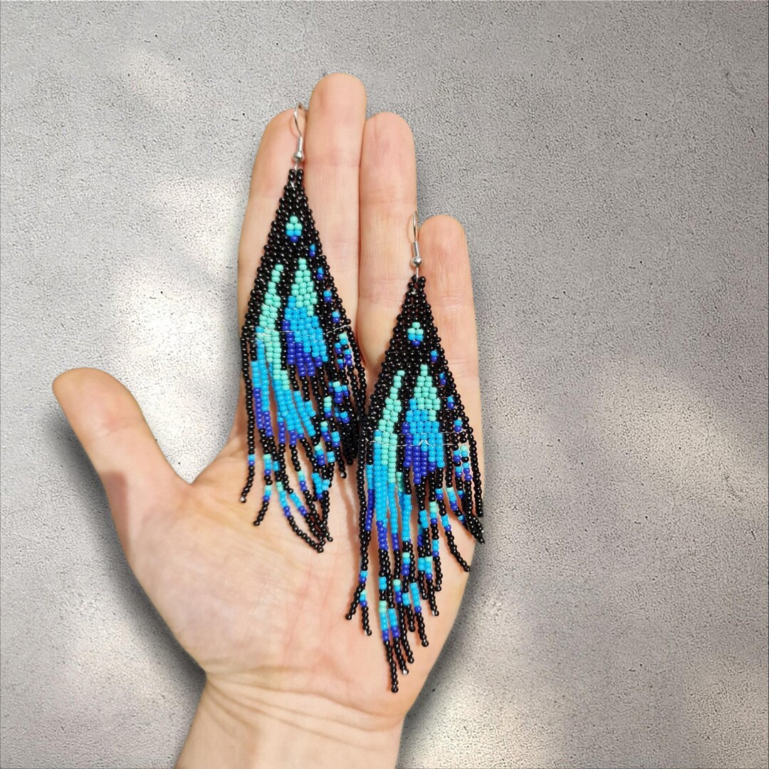 Blue Butterfly Wings Seed Bead Boho Tassel Fringe Earrings – Long ...