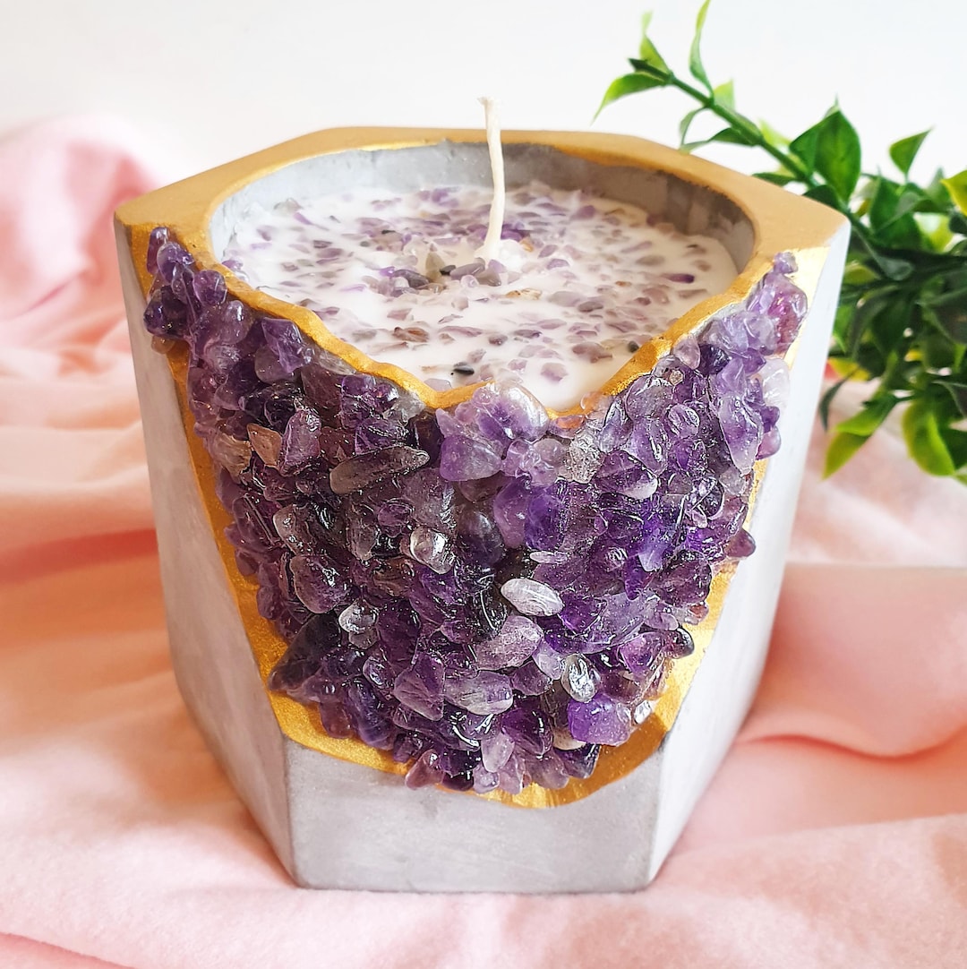 Amethyst Stone Geode Scented Candle Pot 10cm, Purple Crystal, Concrete ...