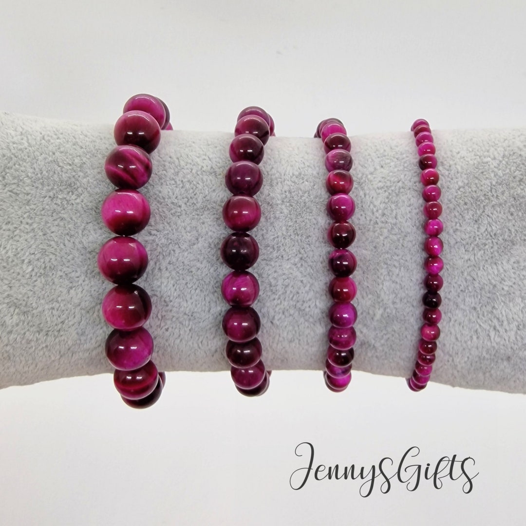 Pink Tiger Eye Beaded Bracelet: Custom Size Natural Stone Crystal - Etsy UK