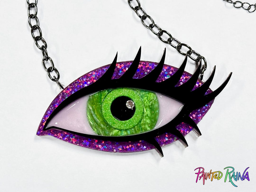 Stylized Evil Eye Necklace: Purple Glitter, Green Druzy Crystal ...