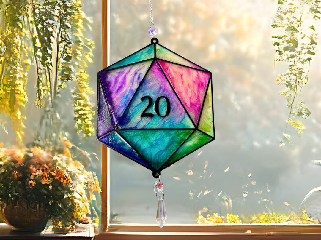 D20 Suncatcher – Glow-in-the-dark Faux Stained Glass Dice Ornament ...