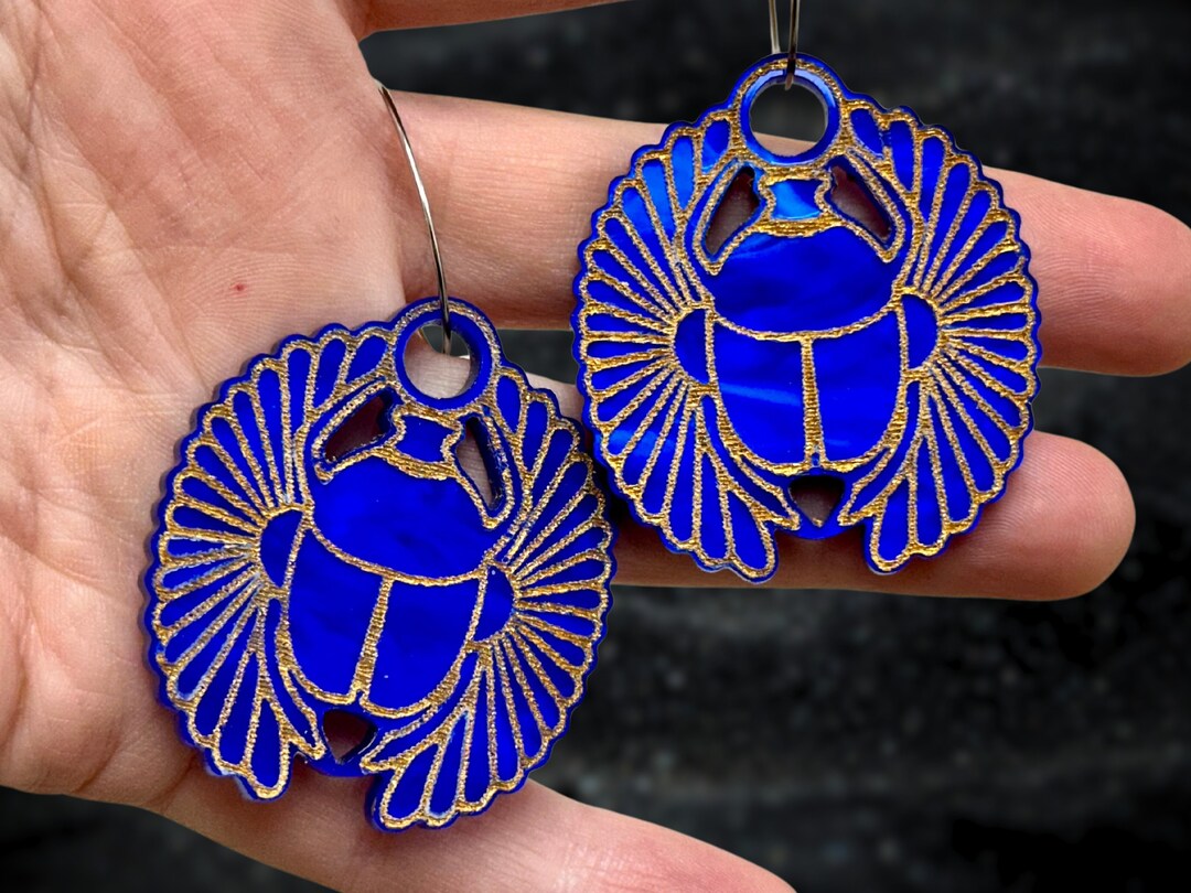Scarab Earrings | Sapphire Pearl and Gold Acrylic Dangles | Ancient ...