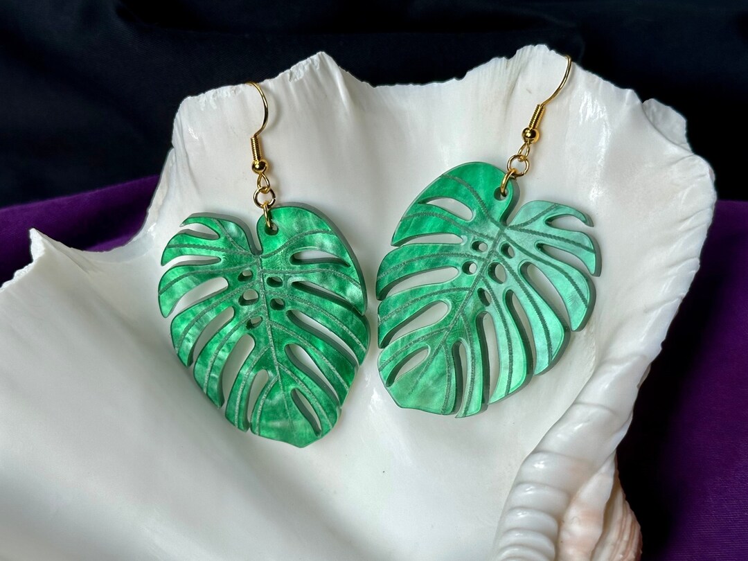 Emerald Green Monstera Leaf Acrylic Earrings: Tropical Plant Jewelry - Etsy