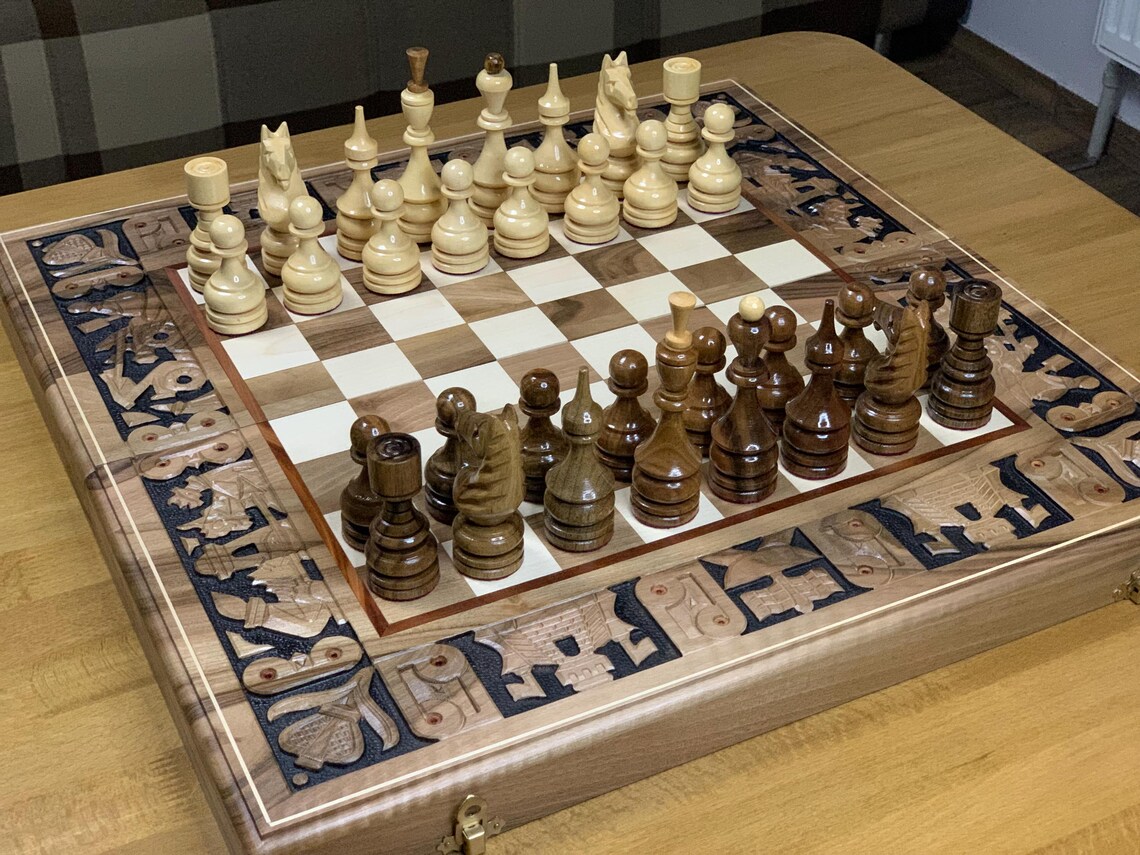 Wooden Chess Game, Large Chess Set With Board, Handmade Chess Board ...