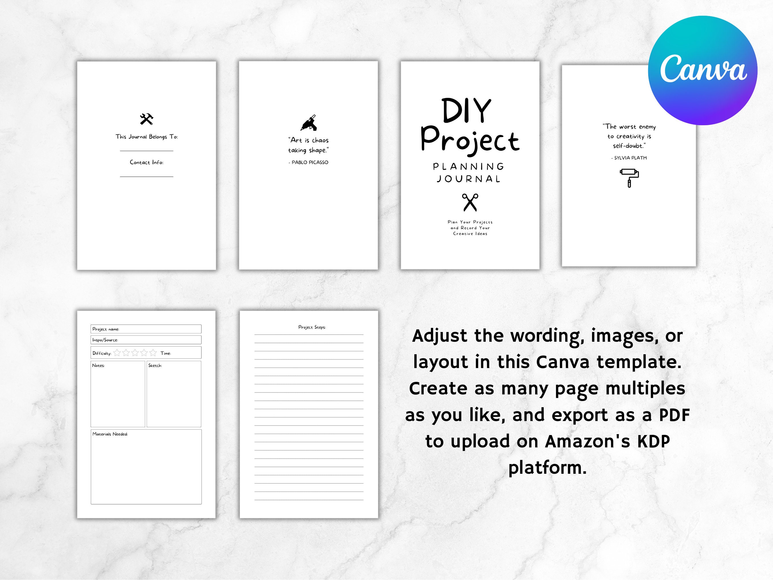 KDP DIY Project Journal Canva Template | KDP Journal Interior File | Craft Journal | Amazon ...