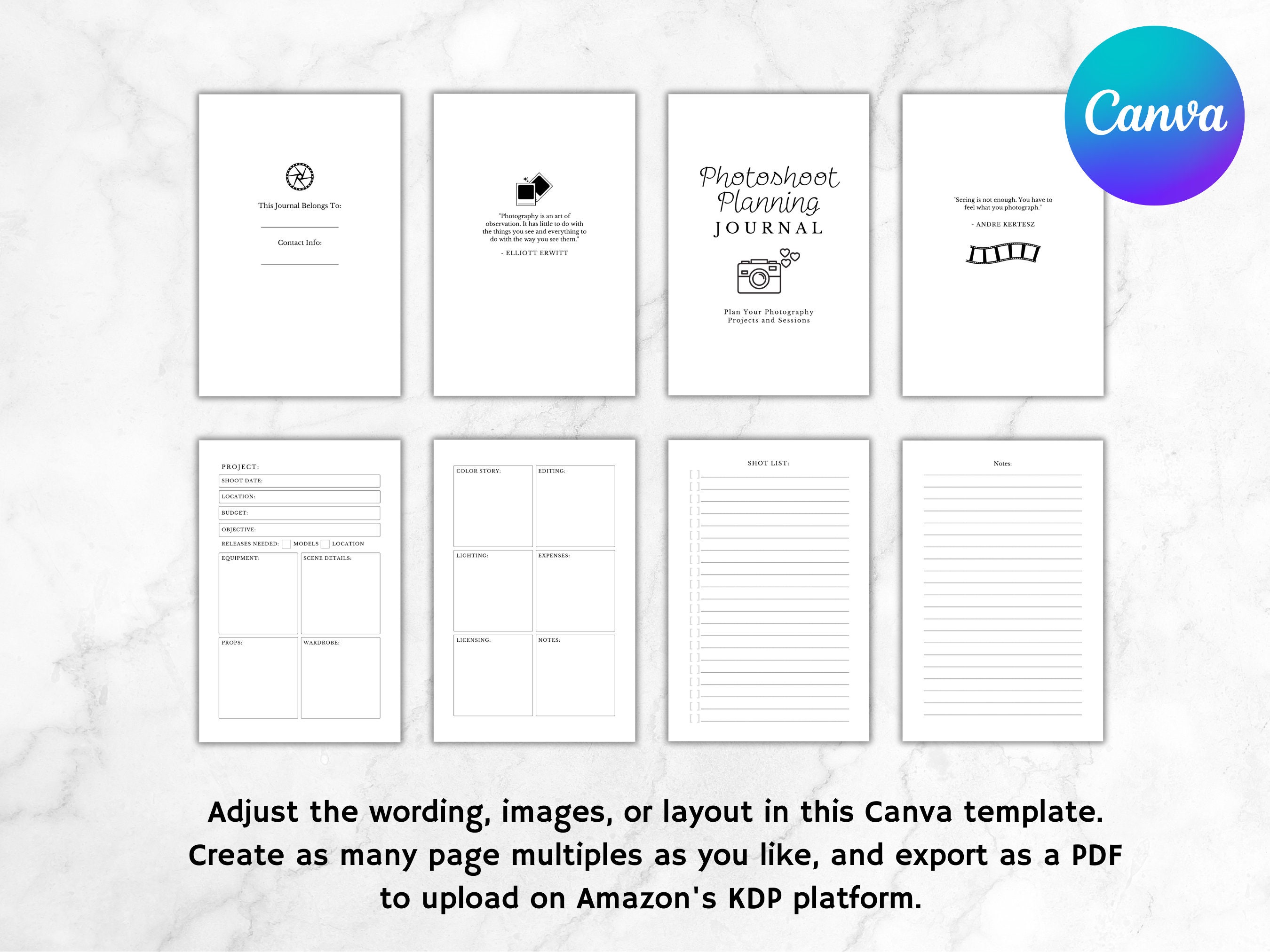 KDP Photoshoot Planning Journal Canva Template | KDP Journal Interior ...