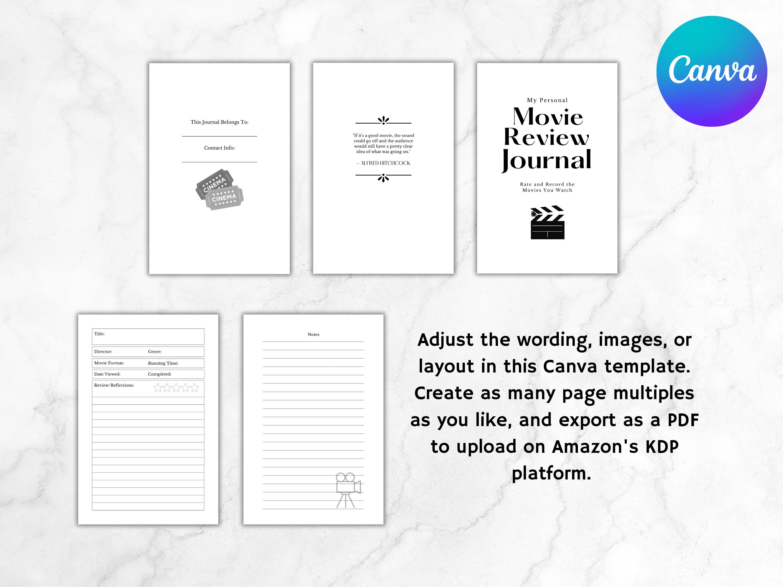 KDP Movie Review Journal Canva Template | KDP Journal Interior File ...